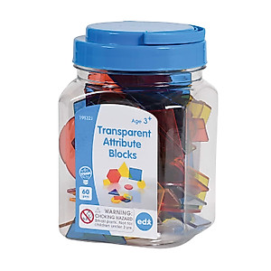 edxeducation Transparent Attribute Blocks - Mini Jar Set of 60 - Colorful, Plastic Shapes - Light Box Accessory - Sensory Play - Math Manipulative for Kids