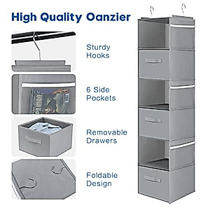 Libeder 6-Shelf Hanging Closet Organizer with Drawers, Closet Hanging Organizers and Storage Shelves with 6 Side Pockets,Collapsible Closet Hanging Shelves for Clothes, Underwear, Nursery, RV(Grey)