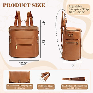 miss fong Diaper Bag Backpack Baby Diaper Bag, Large Leather Diaper Bag Backpack with Changing Pad, Stroller Straps, and 2 Insulated Pockets(Convertible, Brown)