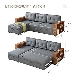 CAPCAEK Convertible Sectional Sofa Couch,L-Shaped Sofa,Linen Fabric,Sleeper Sofa,Pull Out Couch Bed,with Storage Chaise for Apartments with Two Small Counters (Light Grey)