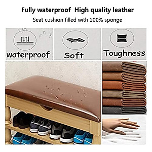 ALDEPO Shoe Cabinet Multi-Layer Solid Wood Shoe Changing Stool Retro Sitting Shoe Rack Large Capacity Home Storage with PU Leather Seat Save Space Corridor Bathroom Office Shop