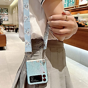 HANASE Glitter Bling Flowers Corssboby Case for Samsung Galaxy Z Flip 4 3 Hard Plastic Shoulder Strap Lanyard Chain Phone,Z5,for Z Flip 3
