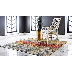 Unique Loom Modern Collection Rustic, Abstract, Distressed, Bright Colors, Indoor and Outdoor Area Rug, 6 ft 0 in x 6 ft 0 in, Multi/Green