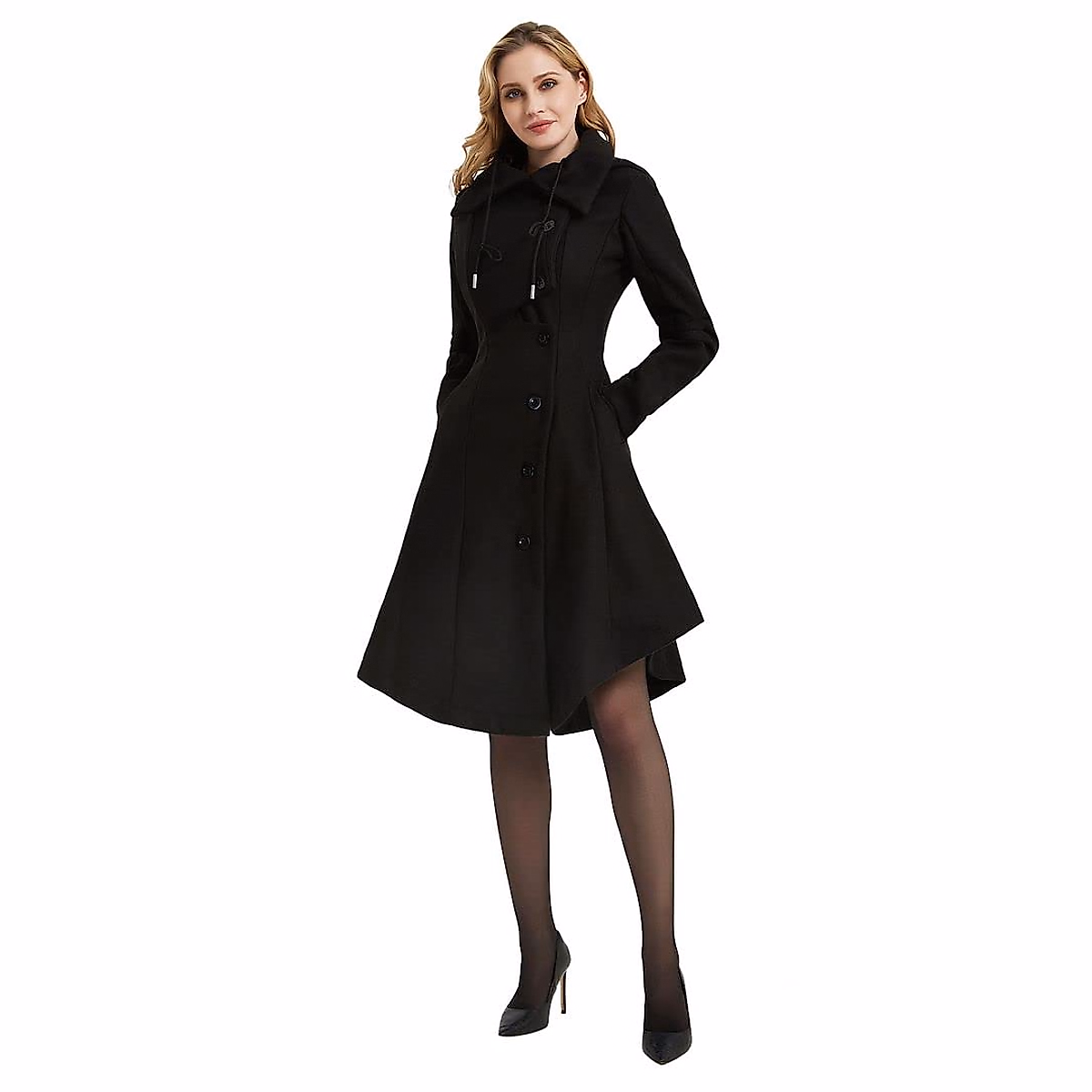 QZUnique Long Trench Pea Coat for Women - Wool Winter Trench Coat Goth Lapel Peacoat Outwear Thick Hood Pea Jacket Trenchcoat
