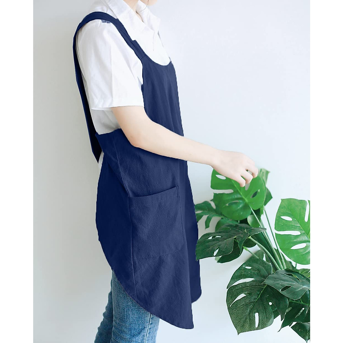 losofar Soft Cotton Linen Apron Cross Back X-Shaped Japanese Style Pinafore Dress for Cooking, Housewarming, Daily Chores (darkblue, (28.3"x 35.4"))