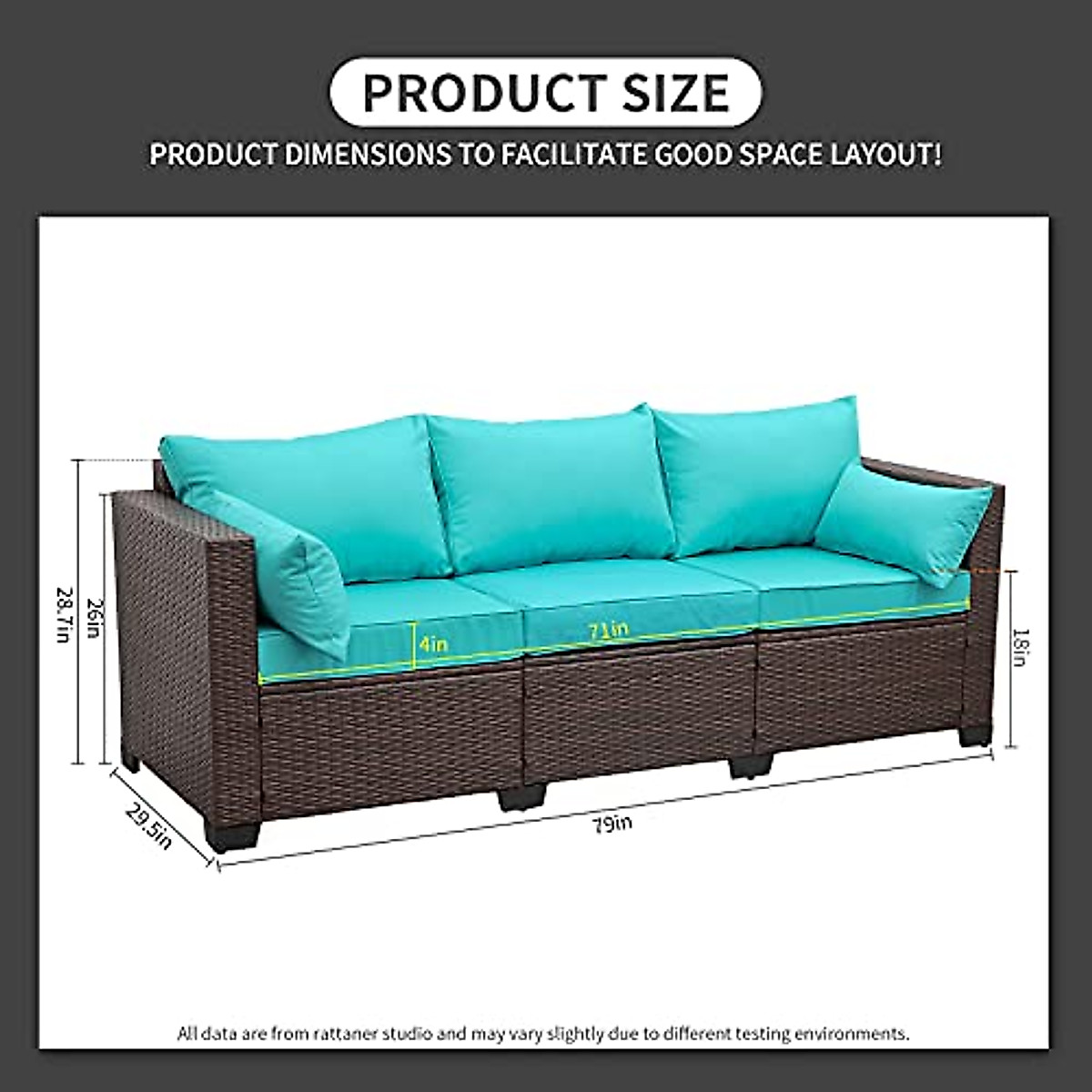 3-Seat Patio PE Rattan Wicker Couch, Outdoor Rattan Sofa Furniture Steel Frame with Furniture Cover and Deep Seat High Back, Turquoise Anti-Slip Cushion Furniture Cover