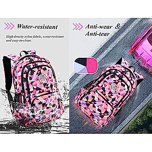 Geometric-Print Backpack and Lunch-Bag Set for Girls-Boys Middle-School Elementary Bookbags, 3Pcs School Bag with Lunch Bag Pencil Case