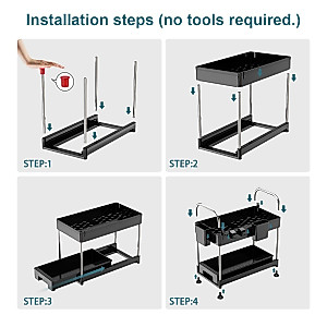 Luyata 2 Pack Under Sink Organizer, 2-Tier Pull Out Under Sink Cabinet Organizer, Sliding Drawer Basket Storage Organizer Shelf for Kitchen Bathroom, with Hooks, Hanging Cup, Dividers, Black