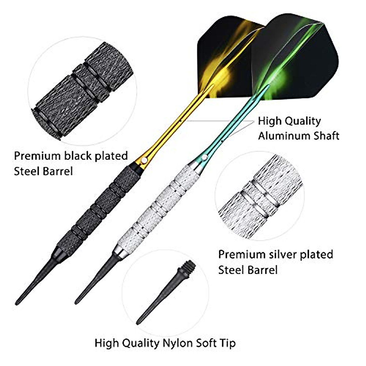 centaur 12 Pack Soft Tip Darts, Professional 18 Gram Plastic Tip Dart Sets with 4 Colors Premium Aluminum Shafts 100 Dart Tips 16 Dart Flights and Dart Case for Electronic Dart Board, Silver & Black