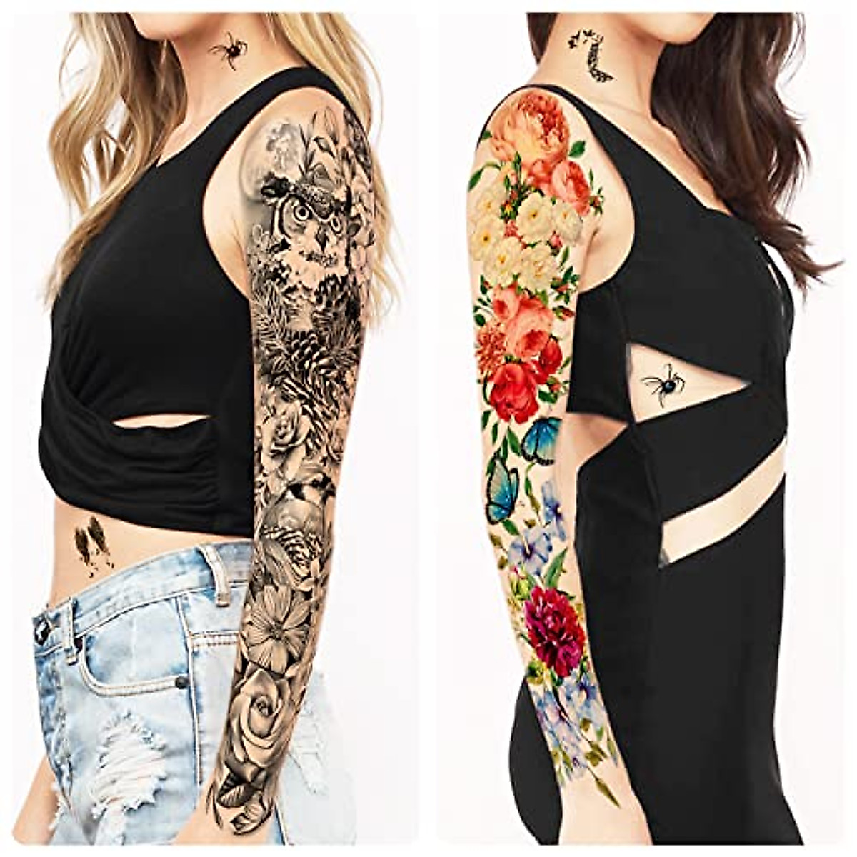 55 Sheets Temporary Tattoo for Men and Women, 8 Full Arm Fake Tattoos, 17 Half Arm Fake Skull Flower Tattoos, 30 Tiny for Adults Kids Body Shoulder Tattoos Stickers Waterproof Realistic Long-Lasting