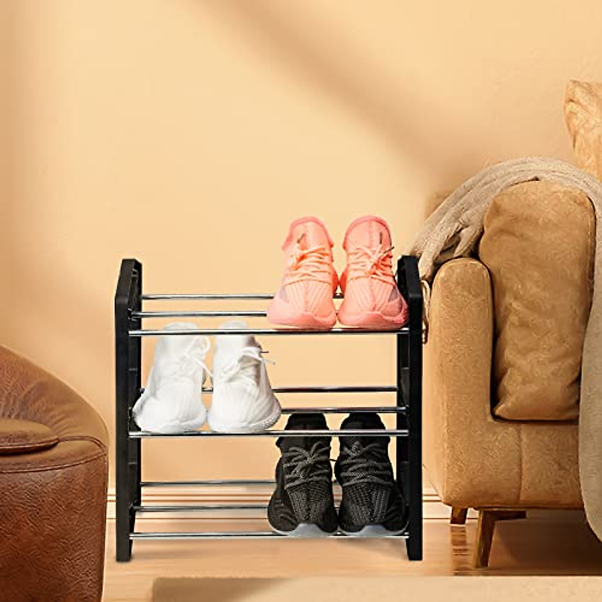 NiHome 3-Tier Shoe Rack Multifunctional Sturdy Steel Organizer Compact Small Size Lightweight 6 Pairs Footwear Freestanding Shelf for Closet Hallway Entryway Living Room Bedroom X Shape Frames (Black)