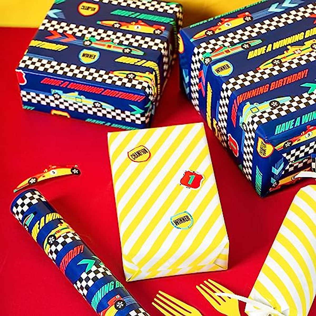 WRAPAHOLIC Reversible Wrapping Paper - Mini Roll - 17 Inch X 33 Feet - Racing Cars and Yellow Stripes Design Design for Birthday, Holiday, Baby Shower