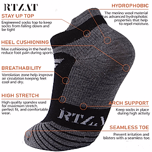 RTZAT 90% Merino Wool Athletic Running Tennis Ultra-Light Ankle Low Cut No Show Cushioned Socks for Men & Women, Large, Black&Dark Gray, 3 Pairs