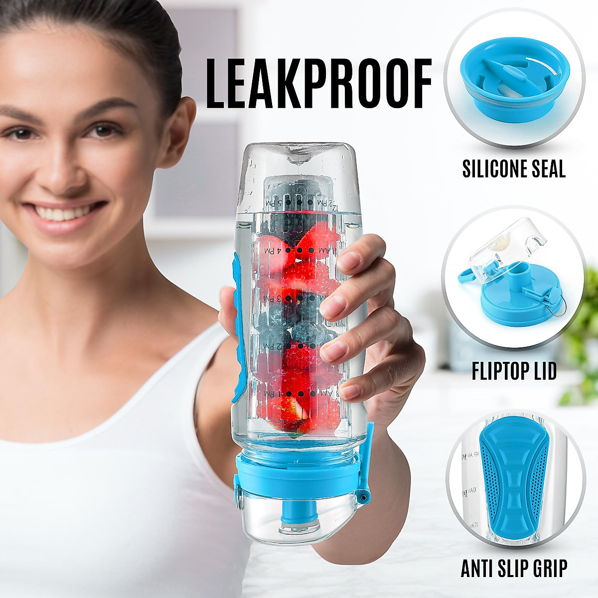 Zulay 34 oz Large, Leakproof Fruit Infuser Water Bottle with Anti-Slip Grip - Men and Women's Ideal Fitness Gift Or For Gym, Camping, and Travel - Lake Blue