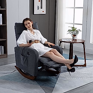 AVAWING Electric Massage Rocking Chair, Rocking Accent Armchair with Heat Function USB Ports, Rocker Fabric Padded Seat Wood Base, Modern High Back Armchair with Footrest Remote Control for Home,Grey