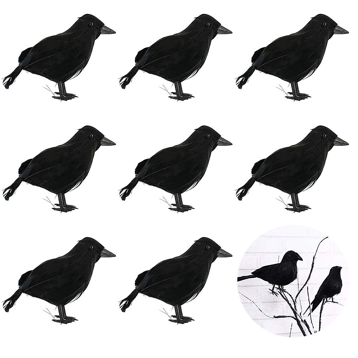 Warmtree 8 Pcs Black Feathered Crows Ravens Statue Black Birds Figurine Handmade Artificial Birds Halloween Crows for Halloween Party Home Garden Decoration Outdoor Indoor Party Supplies Props