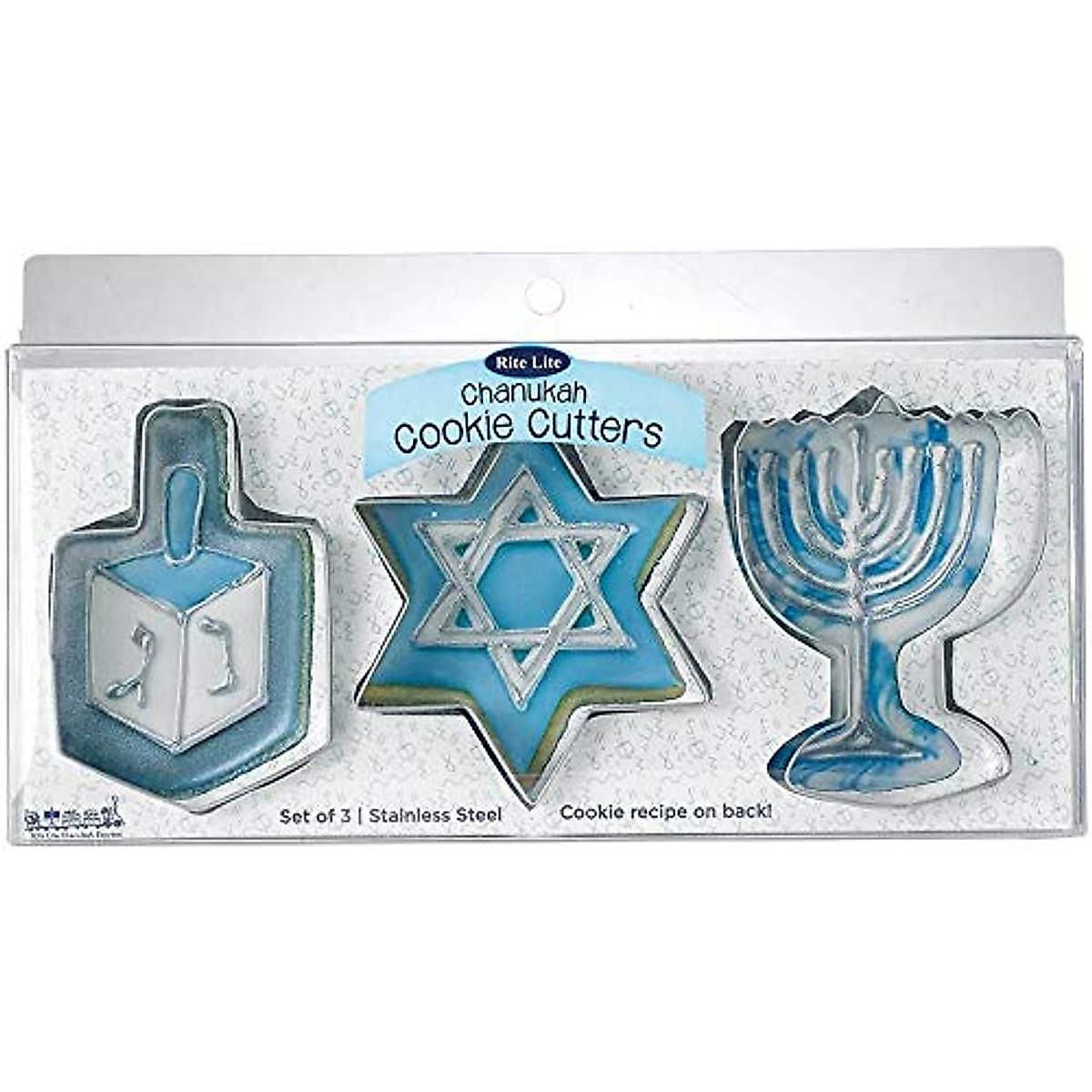 Rite Lite Set of 3 Chanukah Cookie Cutters Sheets - Dreidel, Menorah, Star of David Design, Jewish New Year Holiday Party Favors Hanukkah Hostess Gifts, Goodie Bag Rewards, Cooking Kitchen Accessories
