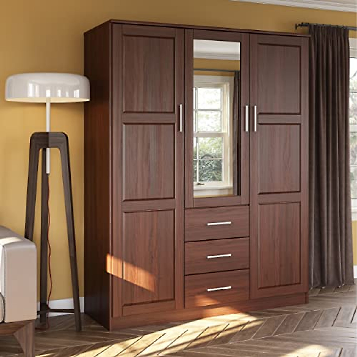 Palace Imports Cosmo Solid Wood 3-Door Wardrobe with Mirror and 3 Drawers, White. Additional Shelves Sold Separately.