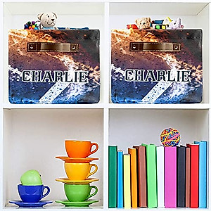 Space Football Personalized Storage Basket ,Custom Storage Bins Cubes Organizer with Handle for Bedroom Wardrobe,Nursery,Basket 2 Pack