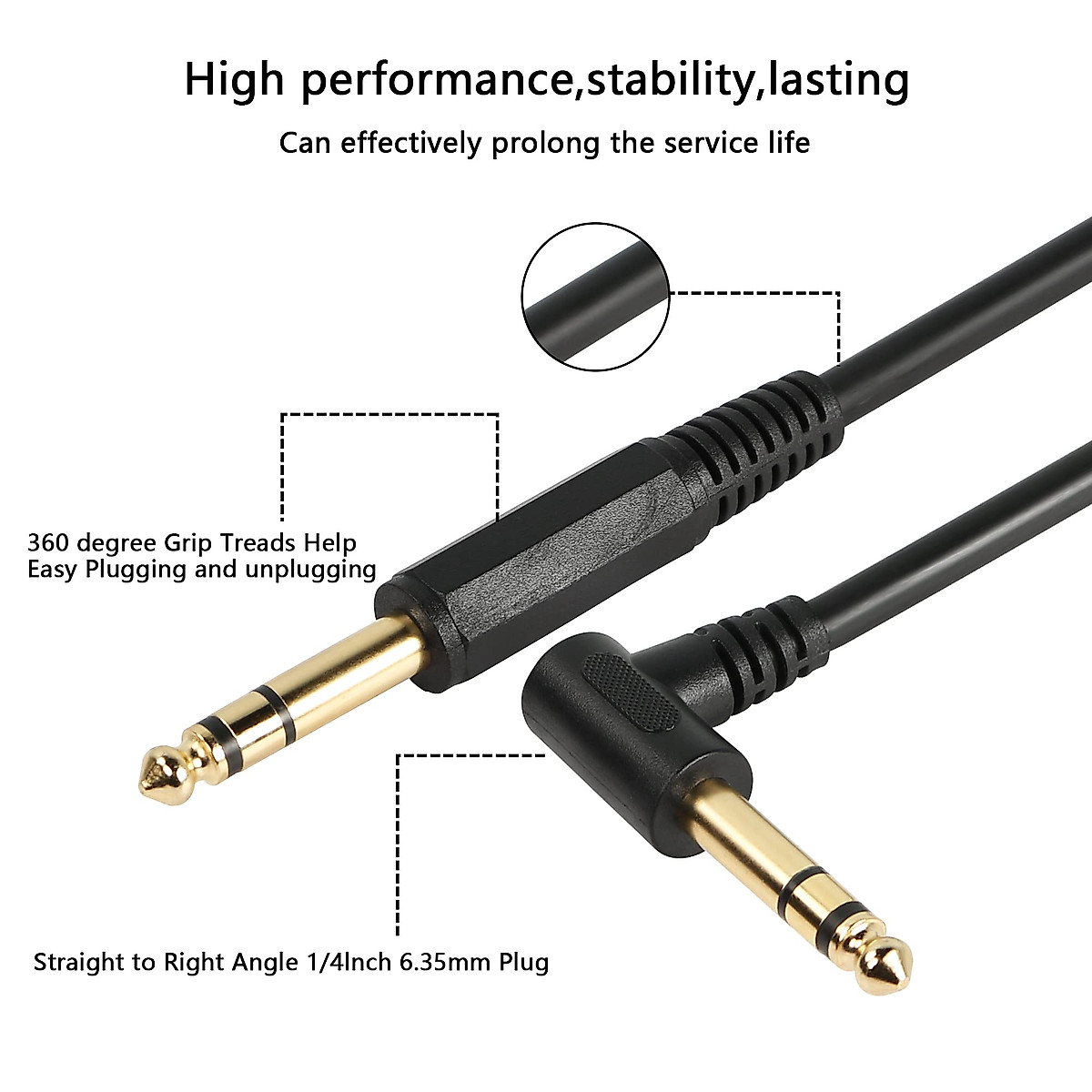 CERRXIAN 1/4 Inch Guitar Instrument Cable, Right Angle 6.35mm Male TRS to 6.35mm Male TRS Stereo Audio Cable for Bass,Keyboard,Mixer,Amp,Electric Guitar (0.5m, Black)