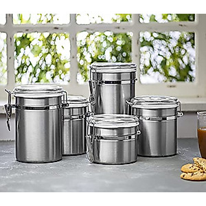 5pc Stainless Steel Canister Set with Clear Acrylic Lids & Clamp Airtight Durable & Stackable Food Storage Container for Kitchen Counter & Pantry, Tea, Sugar, Coffee, Flour, Rice, Pasta, Spices, Herbs