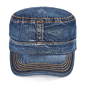 VOBOOM Washed Cotton Military Caps Cadet Army Caps Unique Design Vintage Flat Top Cap (Denim Dark Blue)