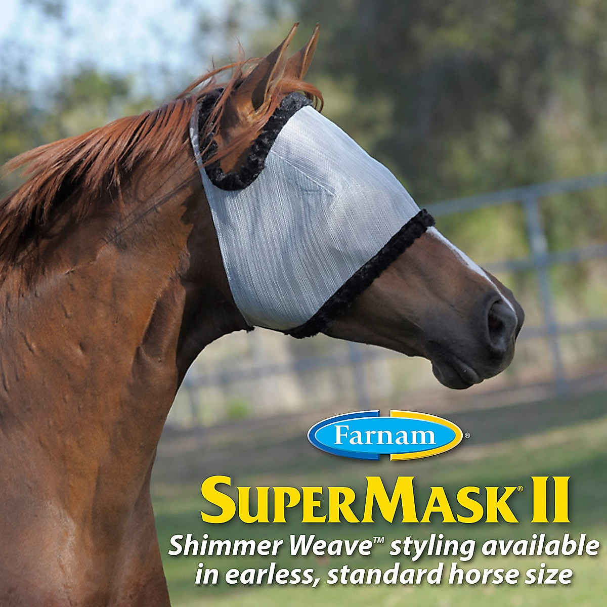 SuperMask II Shimmer Weave Mesh Horse Fly Mask Without Ears, Eye Protection from Insect Pests, Soft Silver Mesh with Black Plush Trim, Horse Size