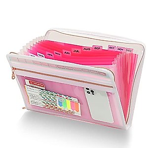 13 Pocket Expanding File Folder Organizer, Accordion File Organizer Folder, Acordian File Keeper 12 Pocket, Expandable Filing Folders for Documents, Papers Letter Size, Pink