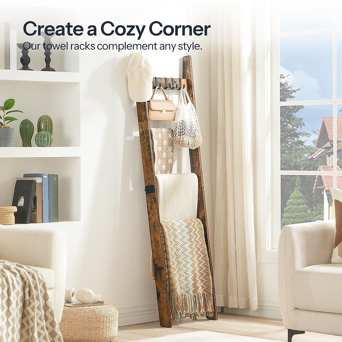 HOOBRO Wooden Blanket Ladder Shelf for Living Room, 5.2FT(63''), 5-Tier Towel Rack with Hooks, Farmhouse Decorative Blanket Rack Holder, Bathroom, Bedroom, Rustic Brown and Black FG161CJ01G1