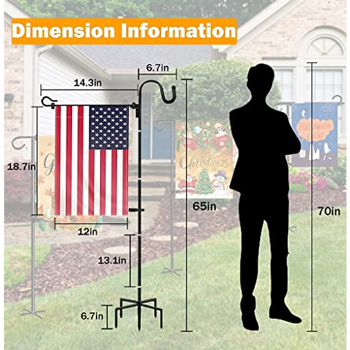 Garden Flag Stand, Adjustable Heavy Duty Flag Pole Holder with American Flag, 65inch Shepherds Hook for Hanging Flag, Bird Feeder, Solar Lights, Plant Hanger etc, Outdoor Garden Yard Flag Pole Kit