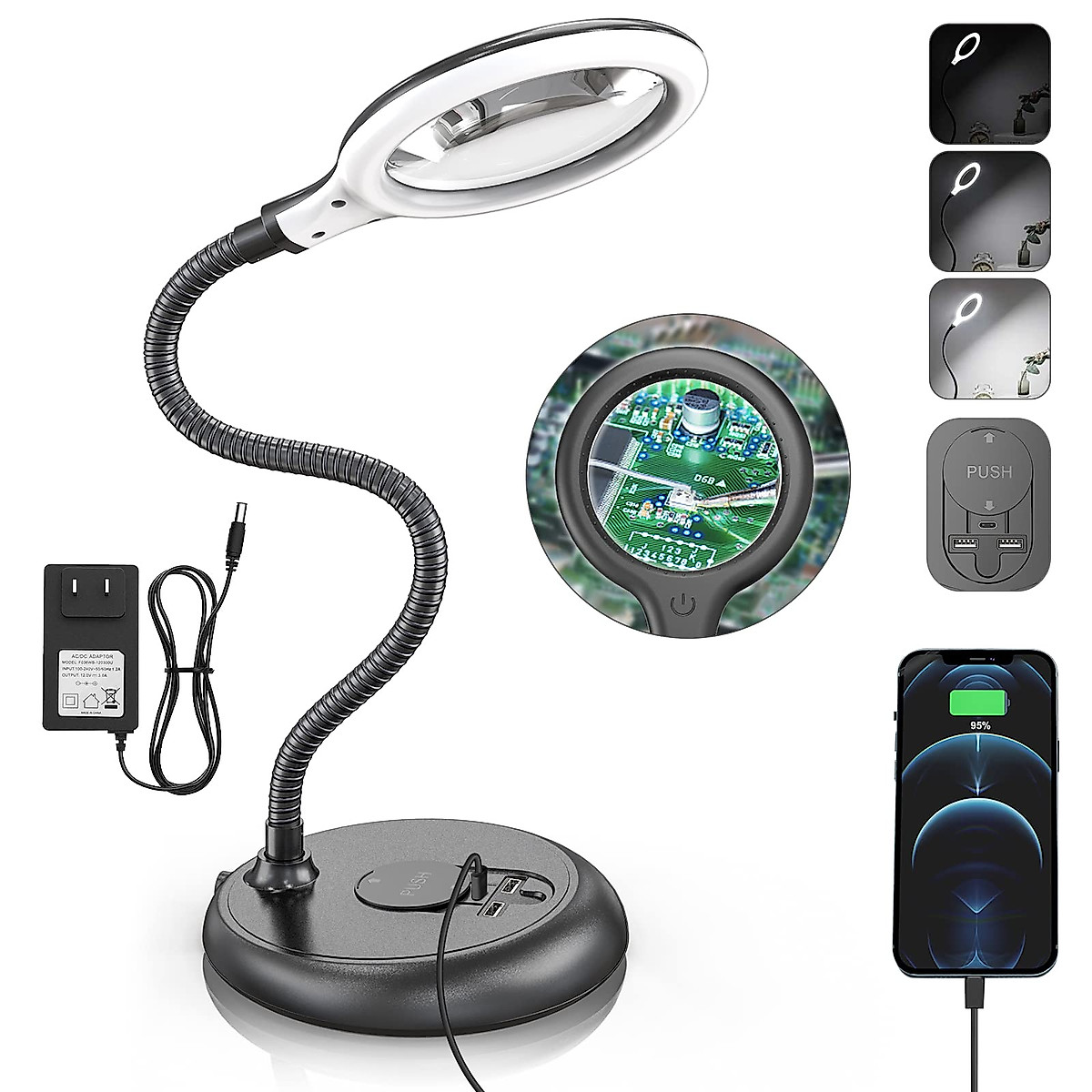 3 in 1 Magnifying Glass with Light and Stand, 5X Lighted Magnifier Lamp with PD USB C Charging Port, Hands-Free Adjustable Magnifying lamp for Reading Close Work Reading Sewing Crafts Painting Nails