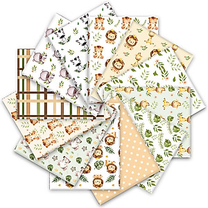 Whaline 12Pcs Safari Cotton Fabric Bundles Watercolor Safari Animals Printed Fat Quarters Jungle Theme Quilting Patchwork for DIY Handmade Craft Party Decor, 18 x 22 Inch