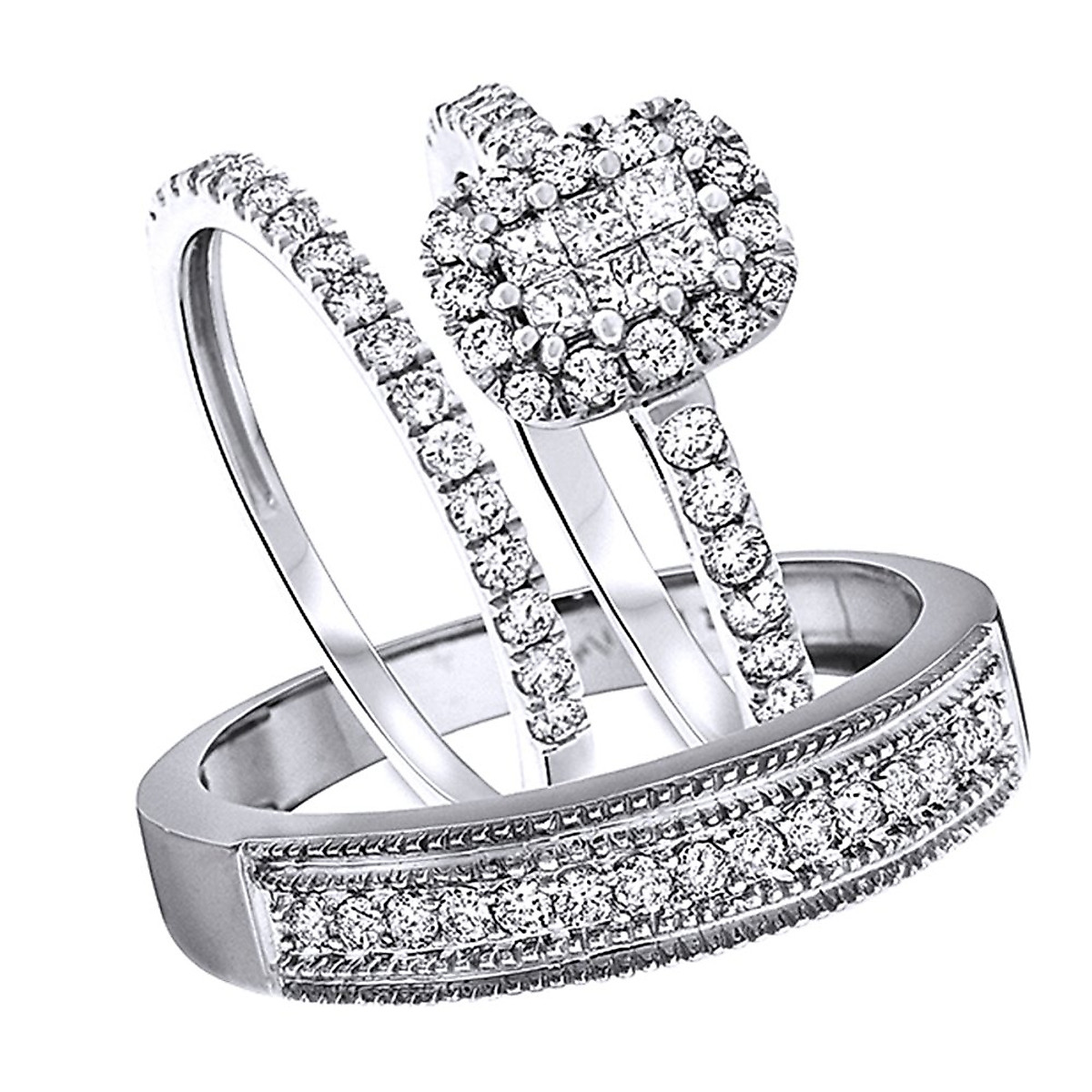 Jewel Zone US White Natural Diamond Engagement & Wedding Trio Band Ring Set in 10k Solid Gold (1.2 Cttw)