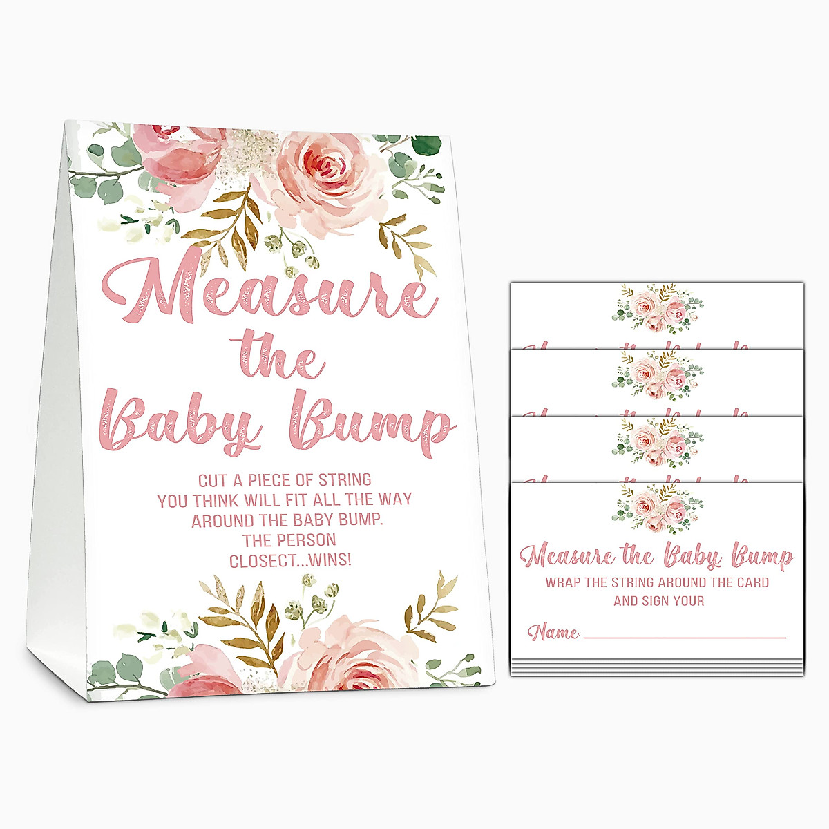 Baby Shower Game Set, Measure The Baby Bump(1 Standing Sign + 50 Guessing Cards), Floral How Big is Mommy's Belly Party Game, Blush Pink Baby Shower/Gender Reveal Party Favor Decor(A02)
