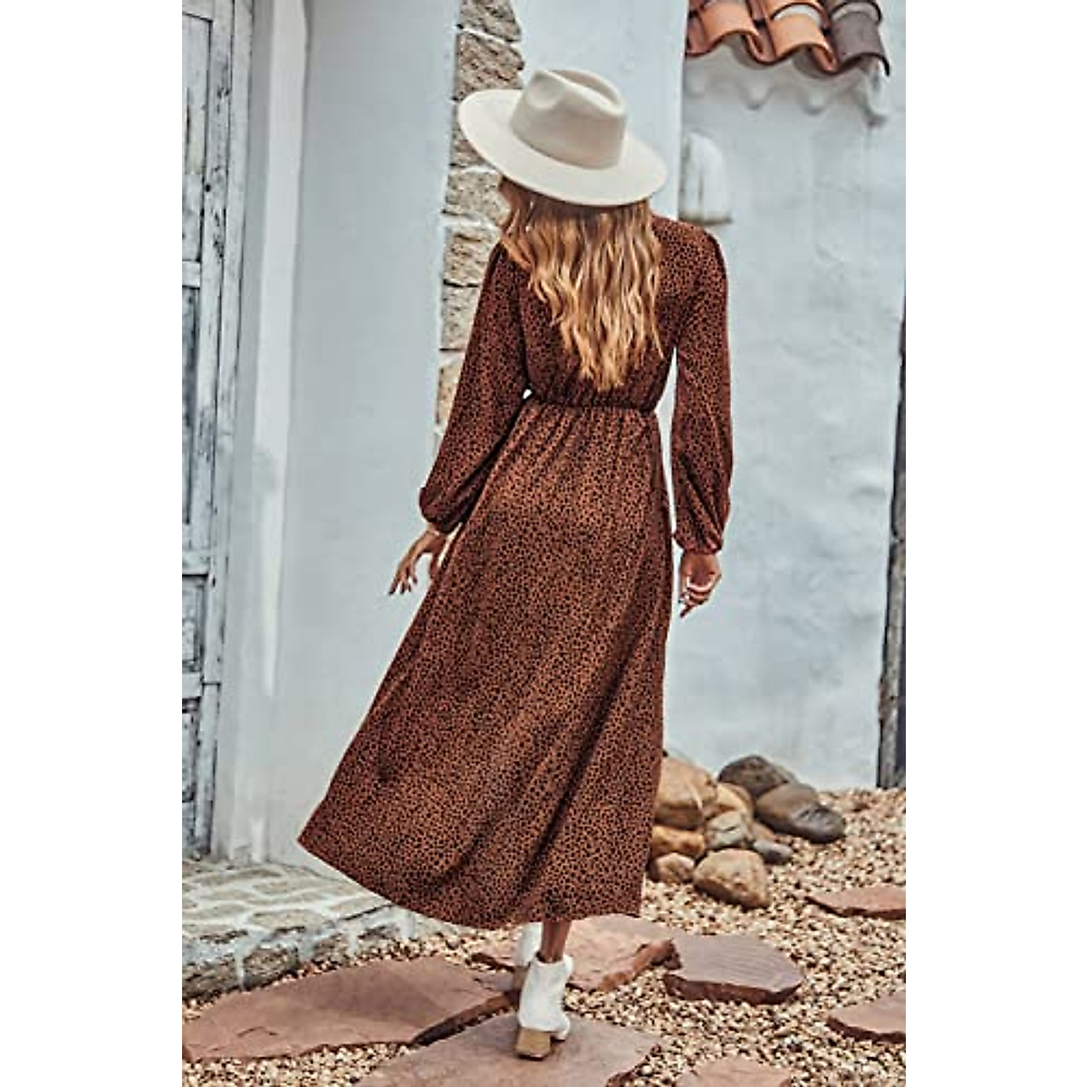 PRETTYGARDEN Women’s Long Sleeve Bohemian Dress V-Neck Floral Print High Split Tie Wrap Midi Flowy Dress (Brown, Large)