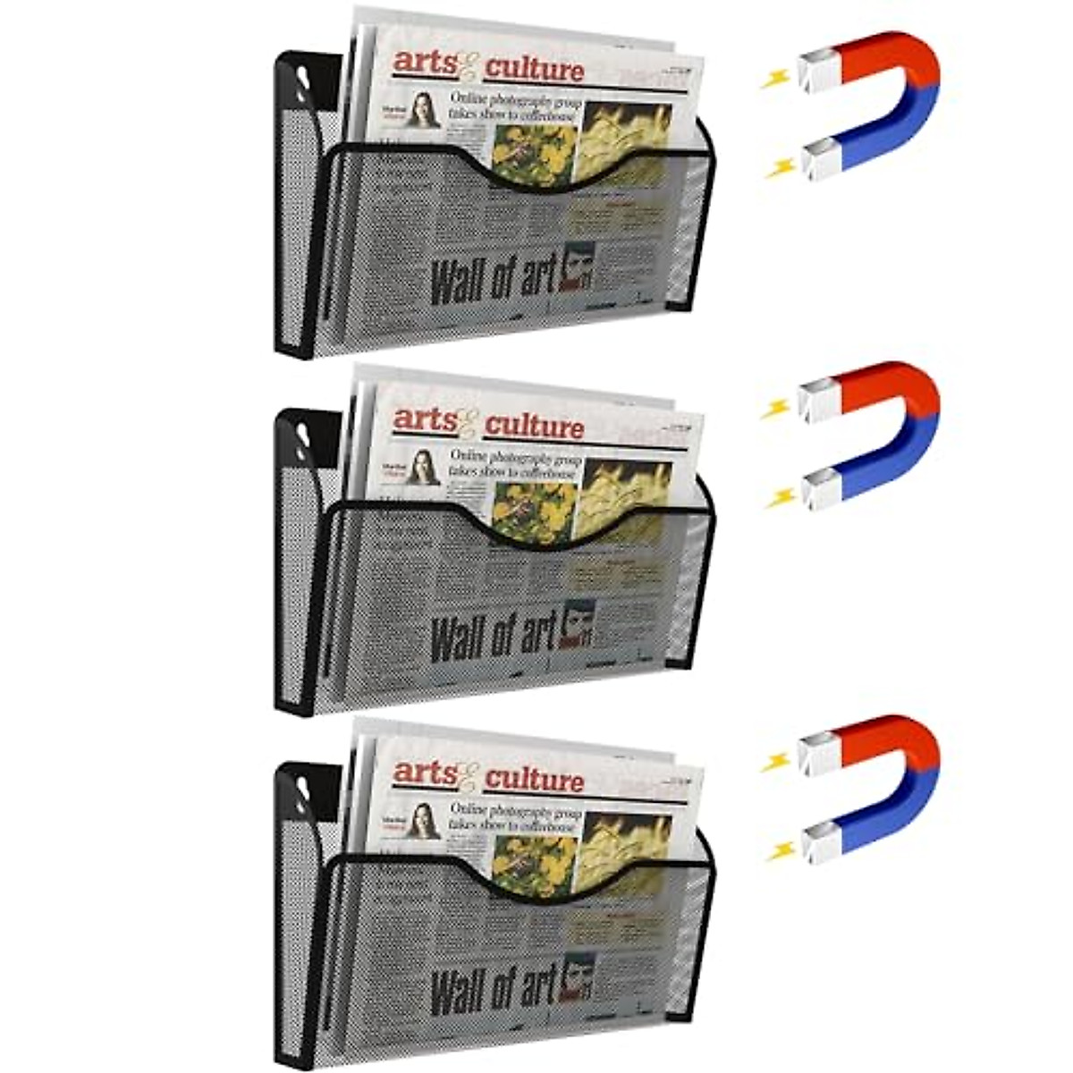 LQPAFZ Magnetic File Holder 3 Pockets File Folder Organizer, Office Hanging Magazine Rack for Refrigerator, White Board, No Drilling Paper Document Holder Mail Organizer for File Cabinets