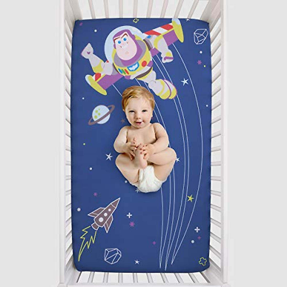 Disney Toy Story Buzz Lightyear - Blue & Green Photo Op Fitted Crib Sheet, Blue, Green, Grey, Toy Story Buzz Lightyear - Blue and Green , 28x52x8 Inch (Pack of 1)