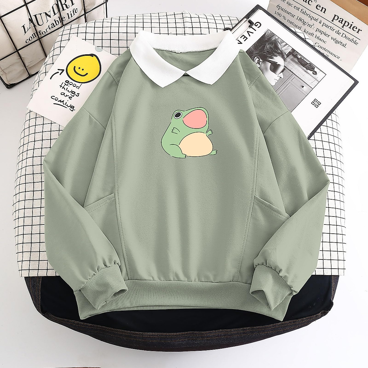 KIEKIECOO Cute Aesthetic Frog Sweatshirt for Teen Girls Kawaii Cartoon Graphic Hoodie Womens Preppy Cotton Pullover Sweaters(Green,XL)