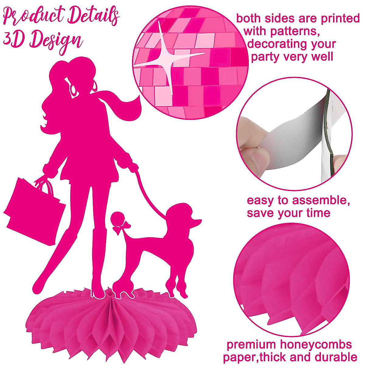 Hot Pink Girl Party Honeycomb Centerpieces 12Pcs Pink Birthday Party Decorations for Girls Hot Pink Princess Birthday Centerpieces for Bachelorette Party Bridal Shower Girls Birthday Party Supplies