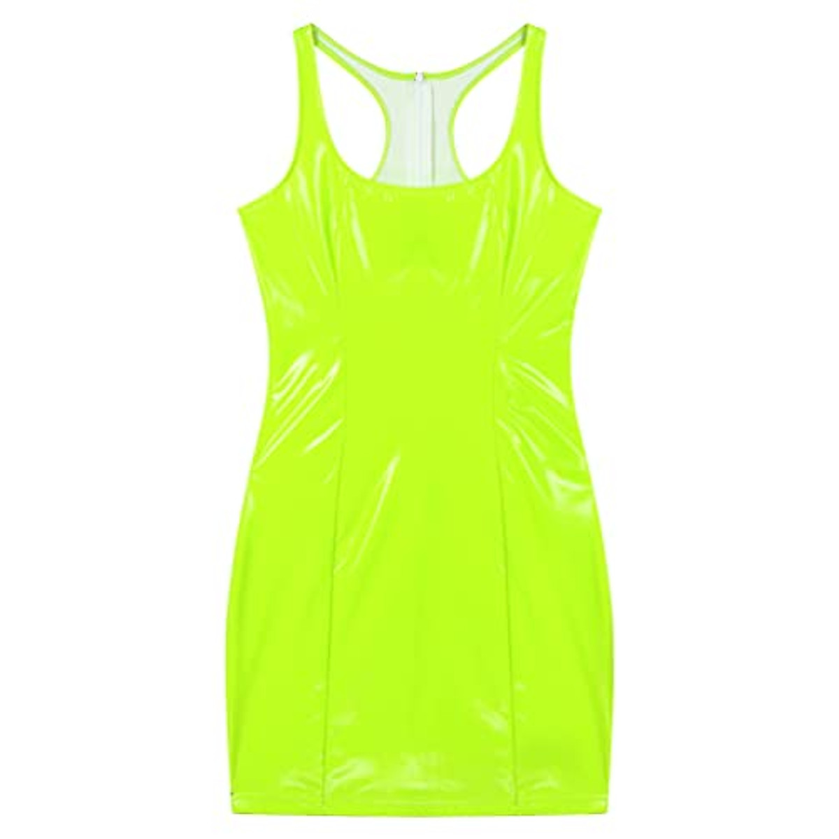 YONGHS Women's Latex Faux Leather Bodycon Mini Dress Sleeveless Low Cut Sexy Party Club Dresses Fluorescent Green X-Large