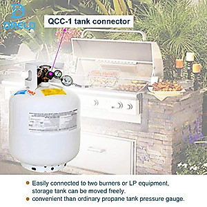 5 Feet Y-Splitter Stainless Braided Hose to 3/8" Female Flare Fitting, Low Pressure Propane Regulator Adapter with Tank Gauge Level Indicator, for LPG Gas Grill, Heaters, Fire Pit Table