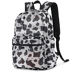 Xunteny Cow Print Mesh Backpack for Girls Women, Semi-Transparent Kids School Backpack College Bookbag Casual Daypacks for Beach Gym Travel