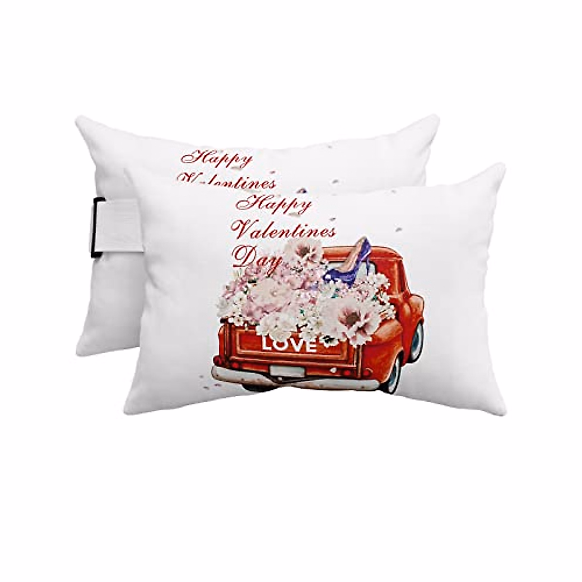 Happy Valentine's Day Red Truck Outdoor Pillows for Chaise Lounge Chair, Romantic Rose High Heels Waterproof Lumbar Head Support Pillow with Adjustable Elastic Band for Pool Patio Furniture Decorative