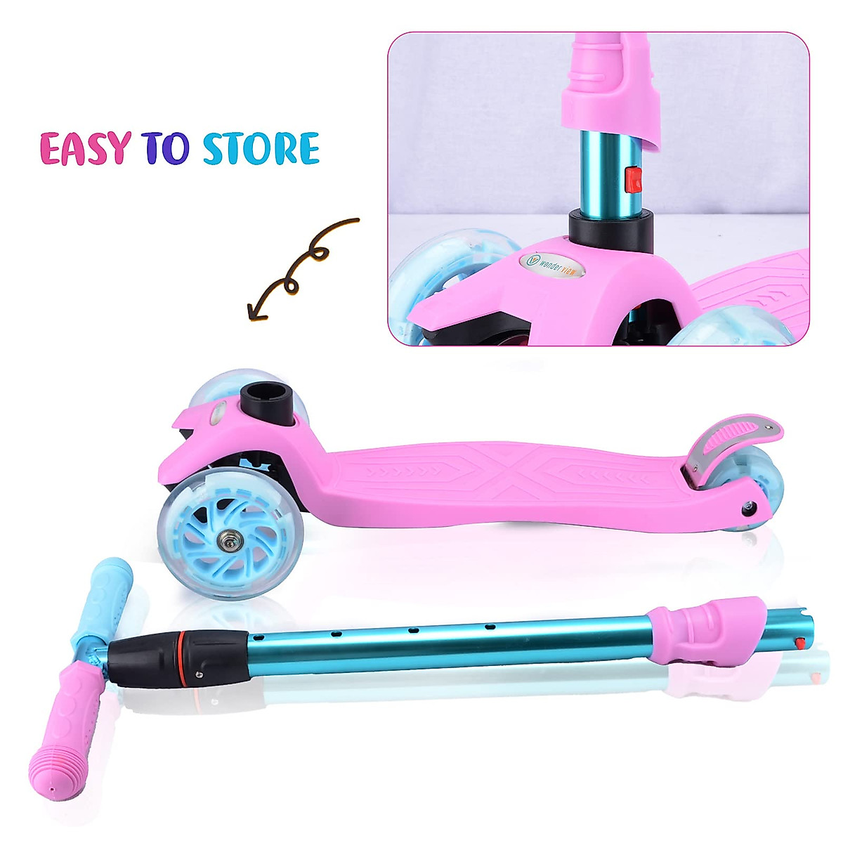 WV WONDER VIEW 3 Wheel Scooter for Kids, Kids Scooter with Light Up Wheels, Sturdy Deck Design, and 4 Height Adjustable Suitable for Kids Ages 3-12, Pink