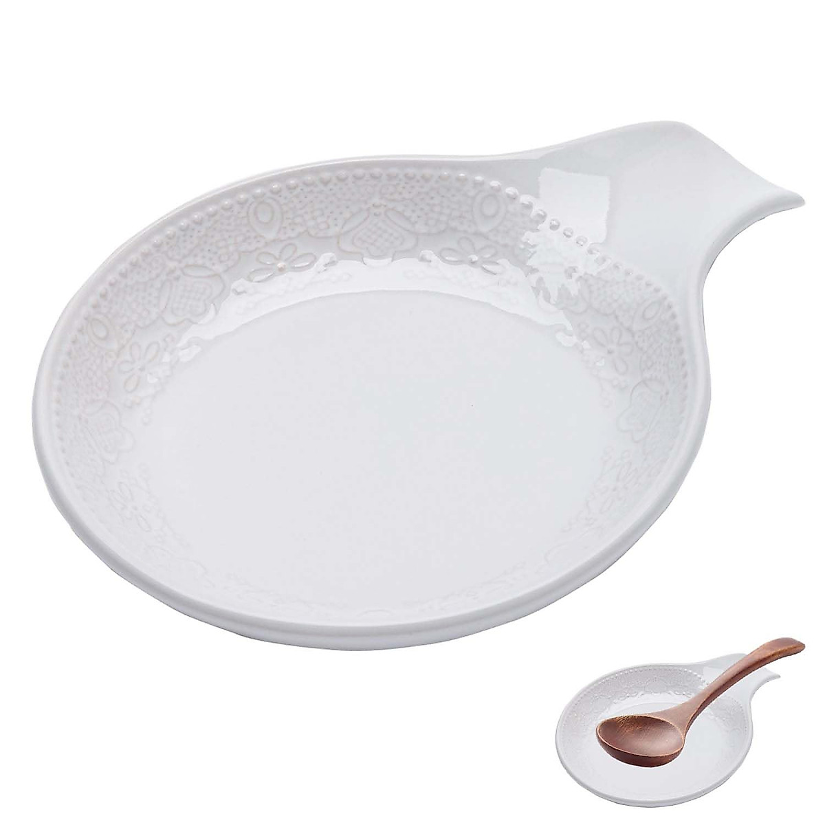 FE FUN ELEMENTS SpoonHolder, Ceramic Spoon Rest for Kitchen Countertop, Large Lace Embossed Kitchen Spoon Rest for Stovetop, Ceramic Spoon Rest for Kitchen Countertop, 5.5inch Utensil Tray (White)