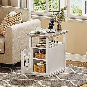 YITAHOME End Table with Charging Station, Narrow Side Table with Storage Adjustable Shelf, Farmhouse Nightstand with Door for Living Room, Bedroom, Grey Wash