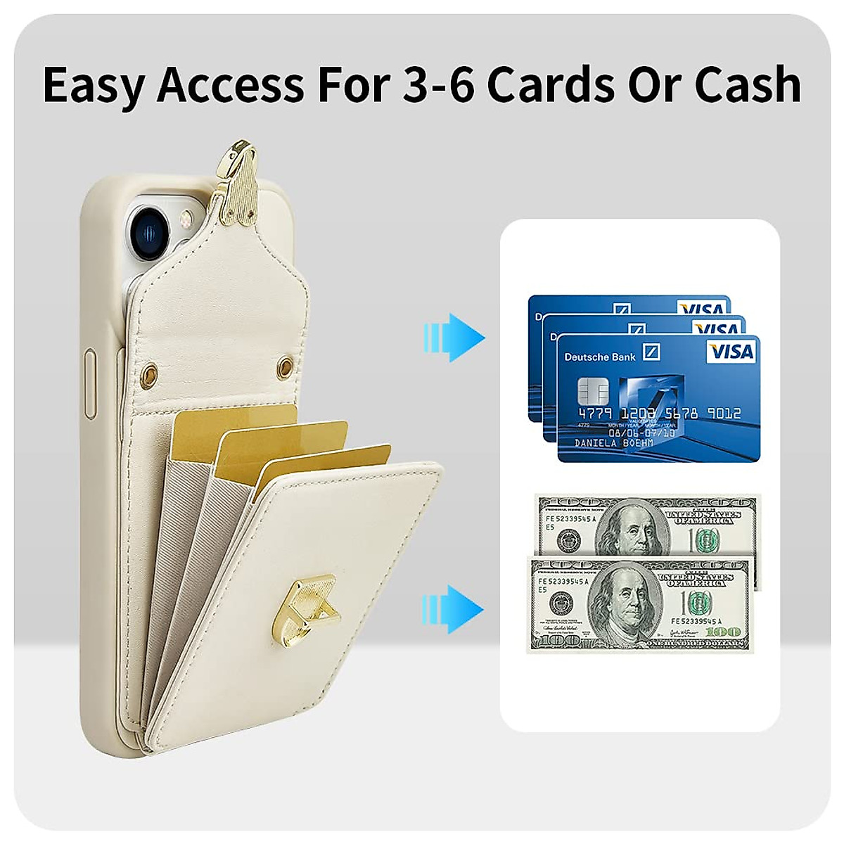 JLFCH ROMIELA for iPhone 14 Pro Max with Crossbody Chain Wrist Strap Card Holder 6.7 inch - Beige