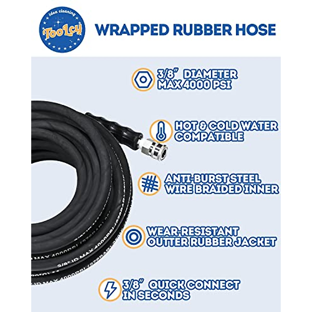 TOOLCY 3/8" Pressure Washer Hose 4000 PSI X 50 FT, Stainless 3/8" Swivel QC Kink Resistant, 250℉ Hot Water Compatible Steel Wire Braided & Rubber Jacket, Easy Loading 3/8" NPT X M22-14mm Adapter Kits