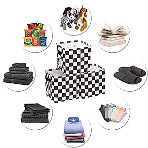 Hinwo 3-Pack Cubic Organizer Shelf Bins, Canvas Fabric Storage Baskets with Handles, 22L/5.8-Gal Square Storage Bins, Cubes, Collapsible Storage Box, 11 x 11 x 11 Inches (S, Black Checkerboard)