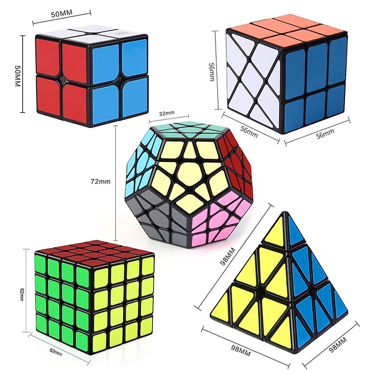 Roxenda Speed Cube Set, Speed Cube Bundle of 2x2 4x4 Megaminx Windmill Cube and Pyramid Cube Smoothly Magic Cubes Collection for Kids & Adults [5 Pack] (Black)
